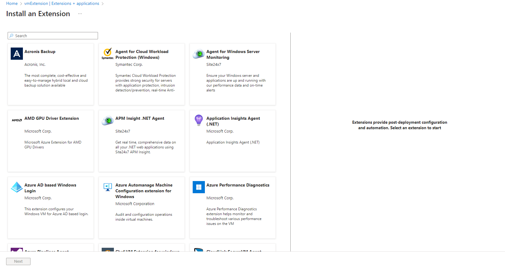 How can I add my own implemented extension to the available extension list of the Azure virtual ...