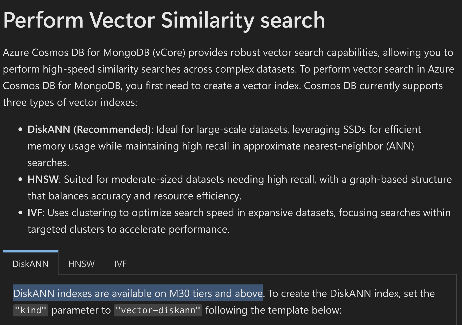 Vector Search (DiskANN) on Cosmos DB for MongoDB vCore - M30 Tier Availability - Microsoft Q&A