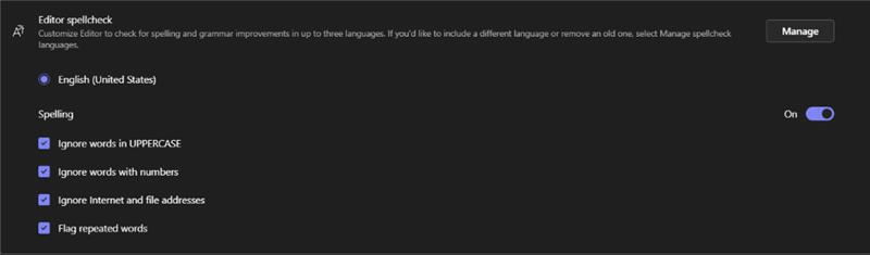 How do I turn off spell check in MS Teams (25094.310.3616.953 ...