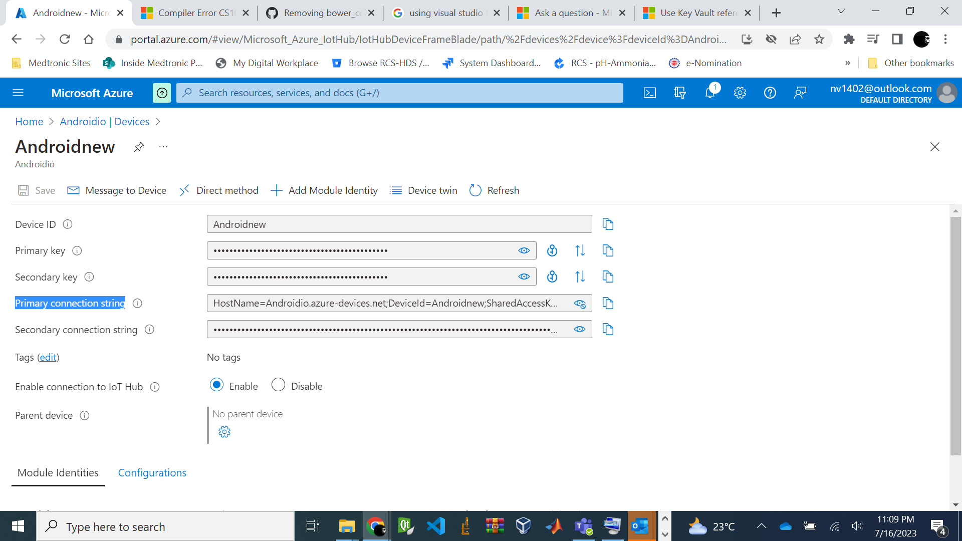 Error while trying to connect to a device on azure using Visual Studio - Microsoft Q&A