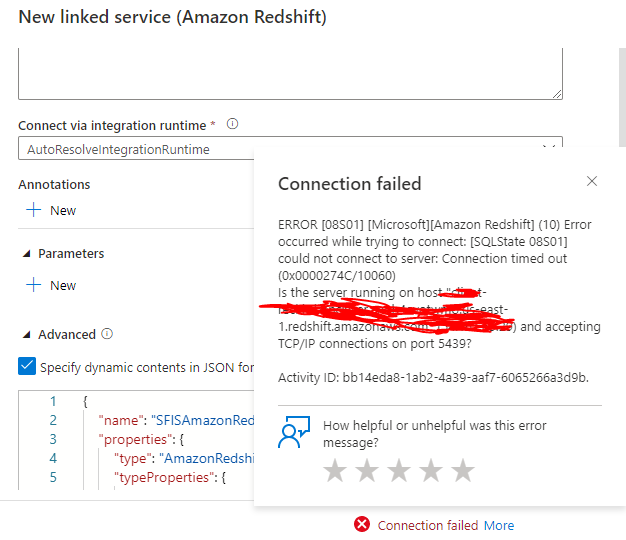 Connection to AWS RedShift (SSL enabled) from Azure ADF Linked Services - Microsoft Q&A