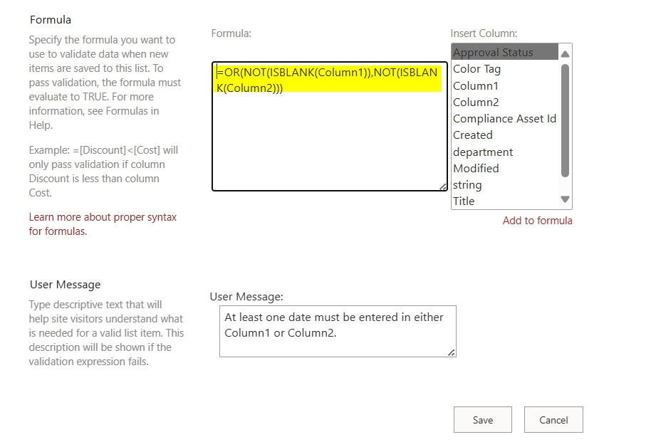 SharePoint - How to correctly enter formulas for column validation in a list? - Microsoft Q&A