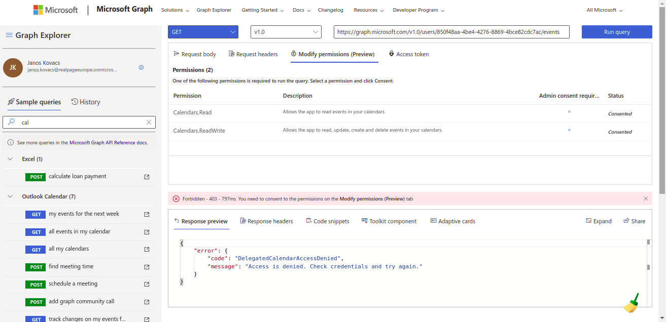 Calling users calendarview and get "Access is denied. Check credentials and try again ...