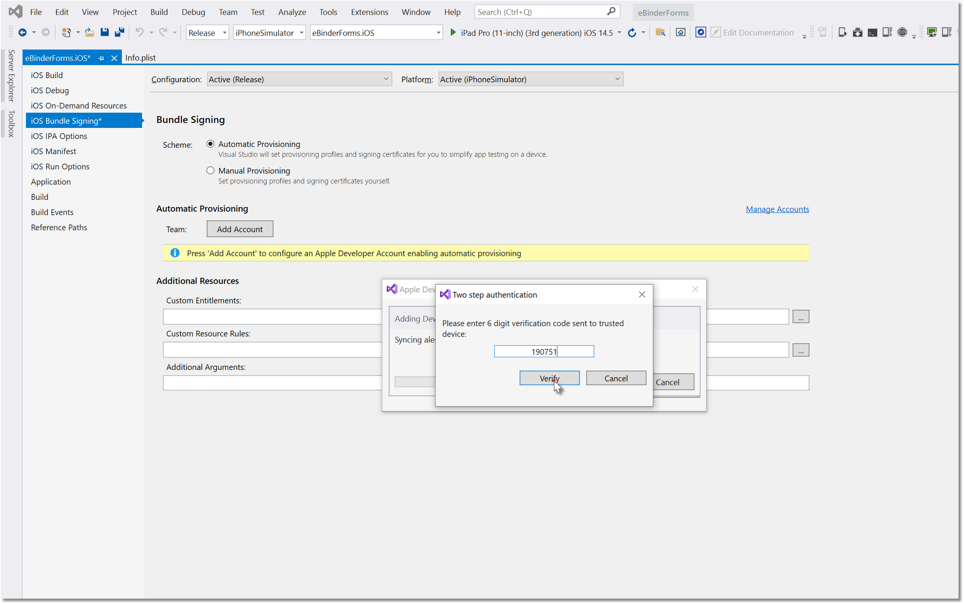 VS2019 iOS Bundle Signing Automatic Provisioning - Add Account 2FA ... VS2019 iOS Bundle Signing Automatic Provisioning - Add Account 2FA ...