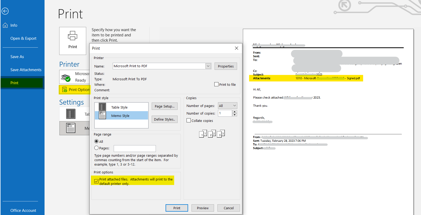 How do I print an email conversation that shows what attachments were ...