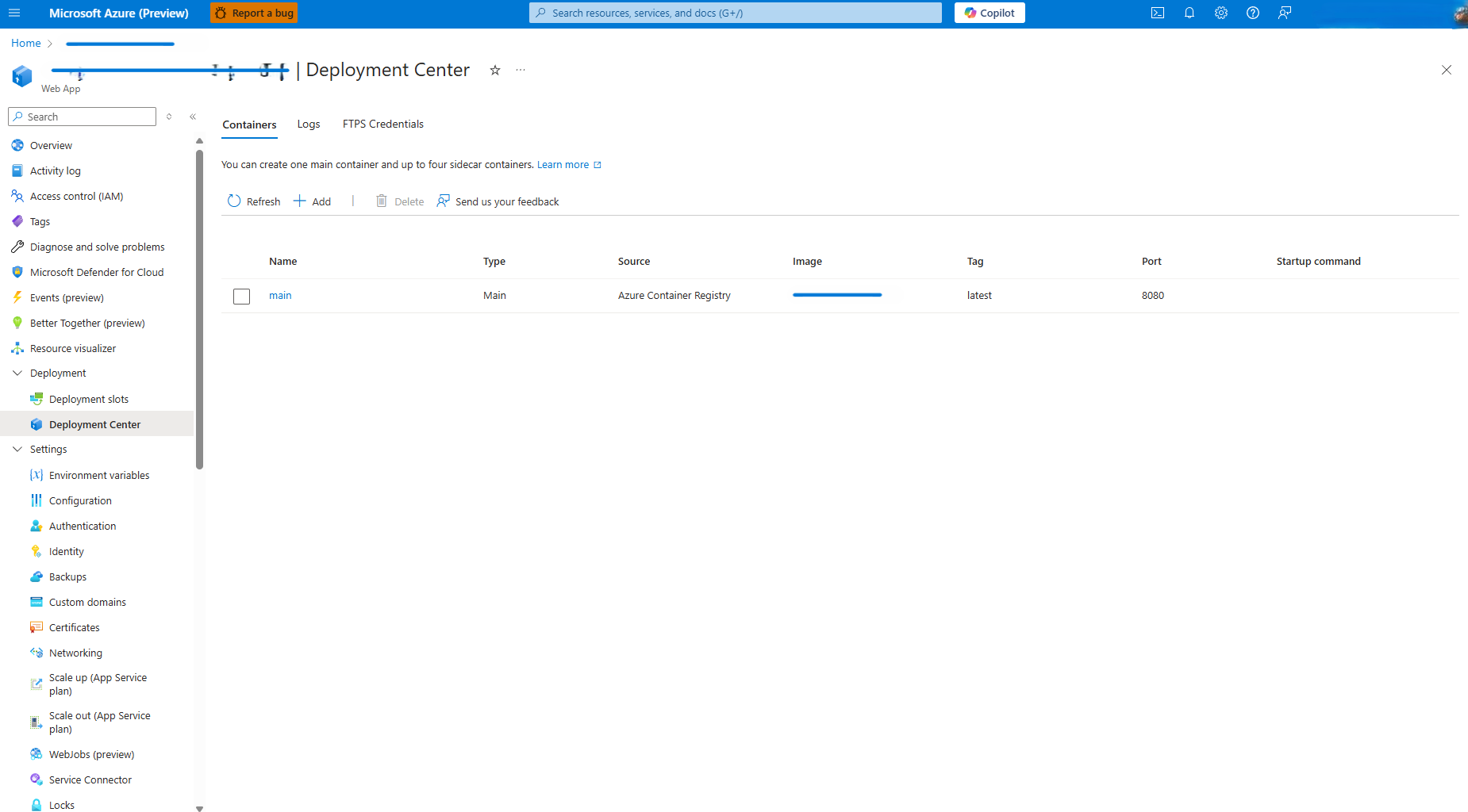 Settings tab in Deployment Center in an Azure Container Web App is not ...