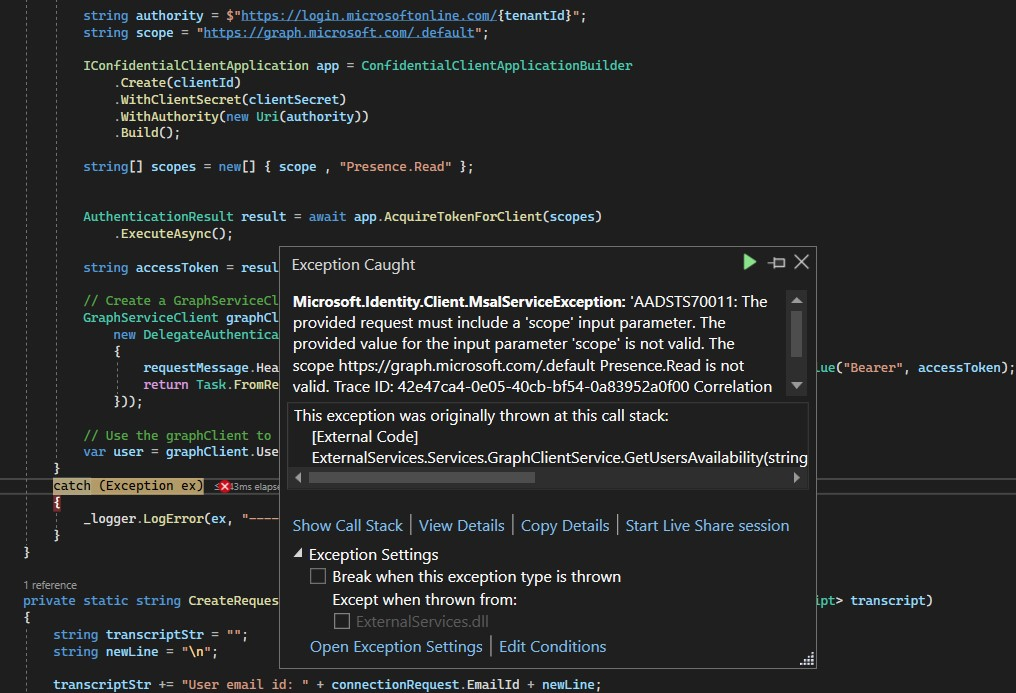 Not able to fetch the status of user from Teams using graph client ... Not able to fetch the status of user from Teams using graph client ...