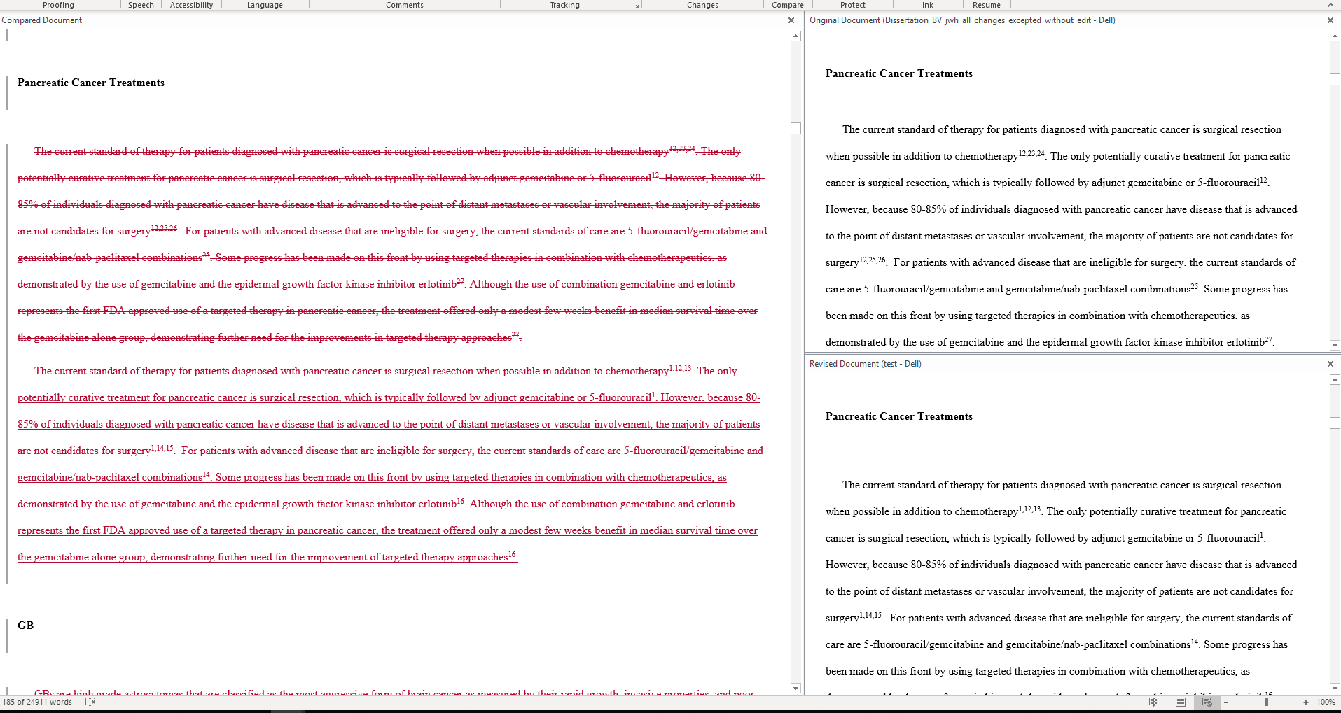 Word showing differences between compared documents as a deletion of ...