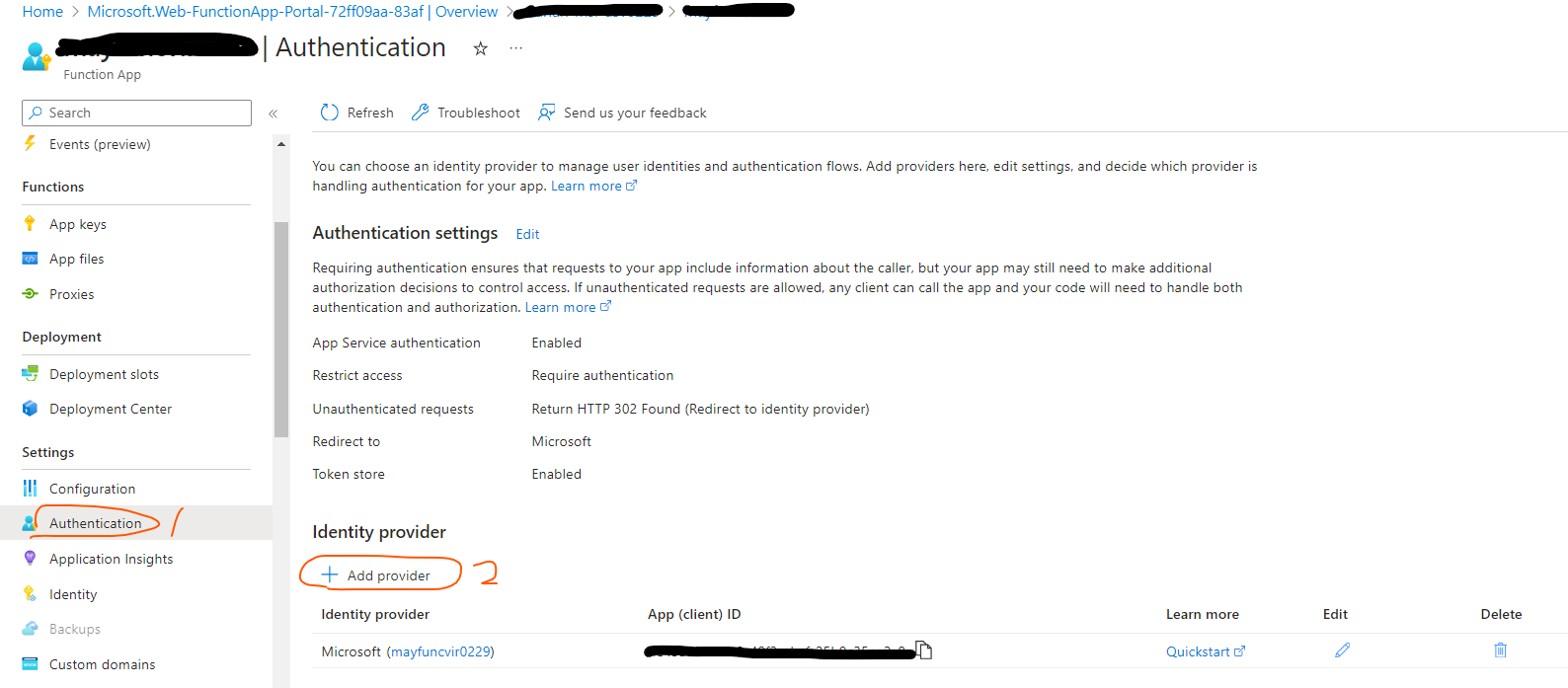 Why does authentication's functionapp fail to add identity provider - Microsoft Q&A