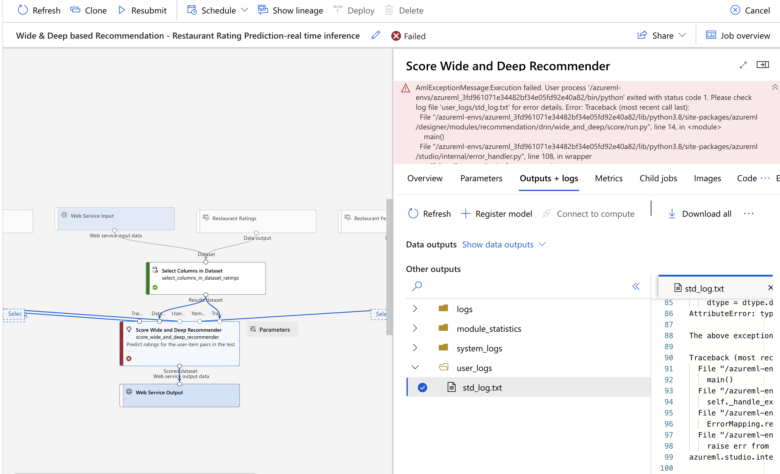 Azure ML designer - Error in scoring W&D Recommender when using All items or Unrated items ...