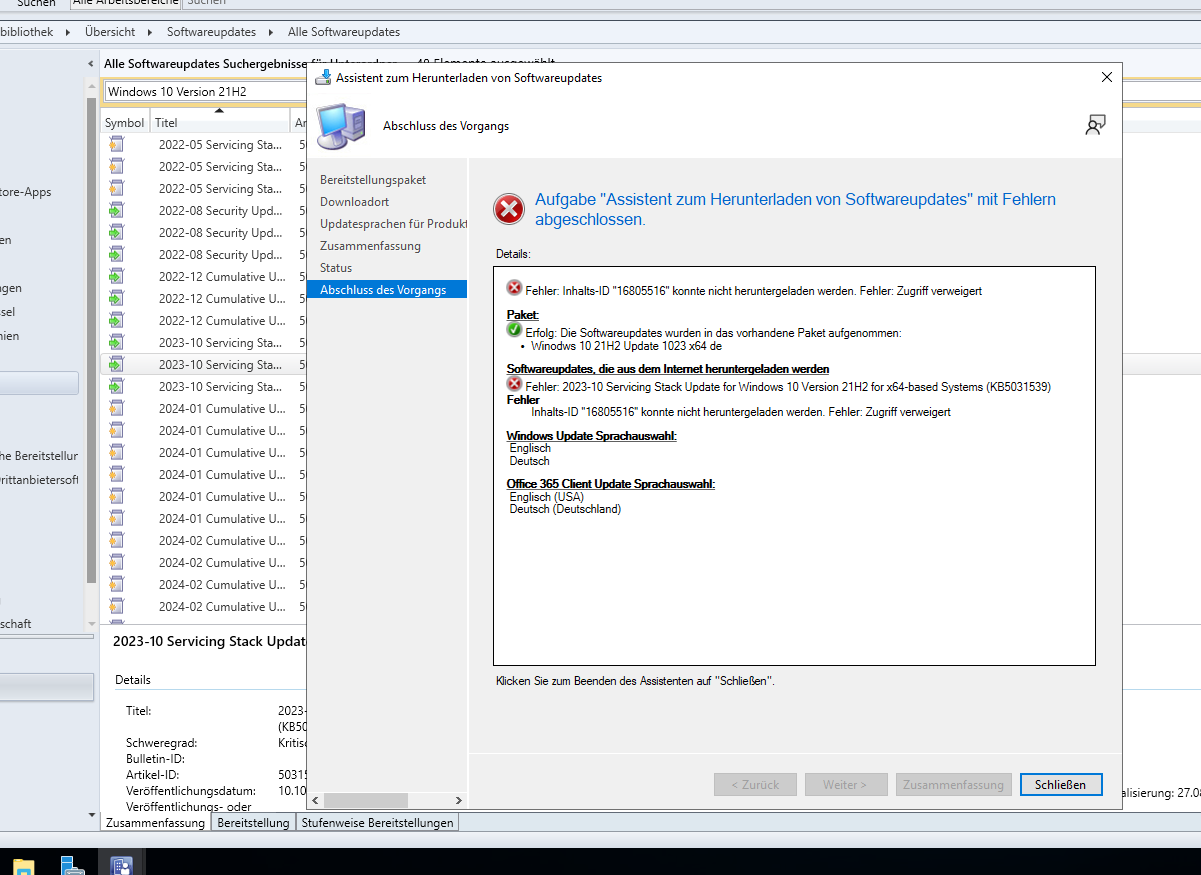 How do you fix the error in SCCM with the update during download and then the error access is ...