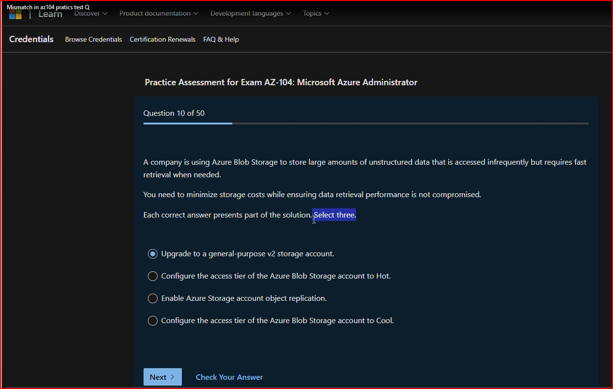 Mismatch on question: Practics Assessment for AZ-104: Microsoft Azure Administrator - Microsoft Q&A