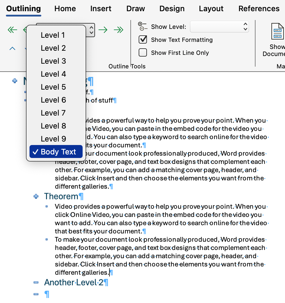 I'm struggling using outline - how can I format this properly ...