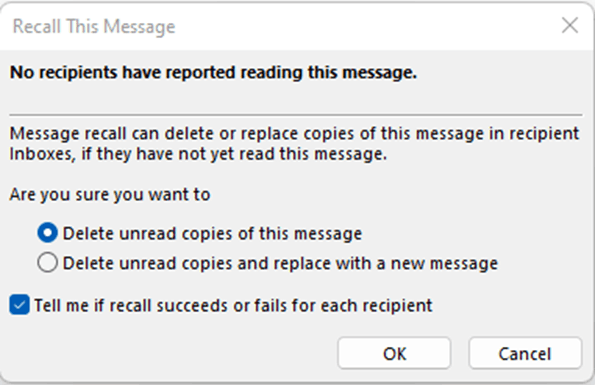 MS outlook message recall success/failure is not working - Microsoft Q&A