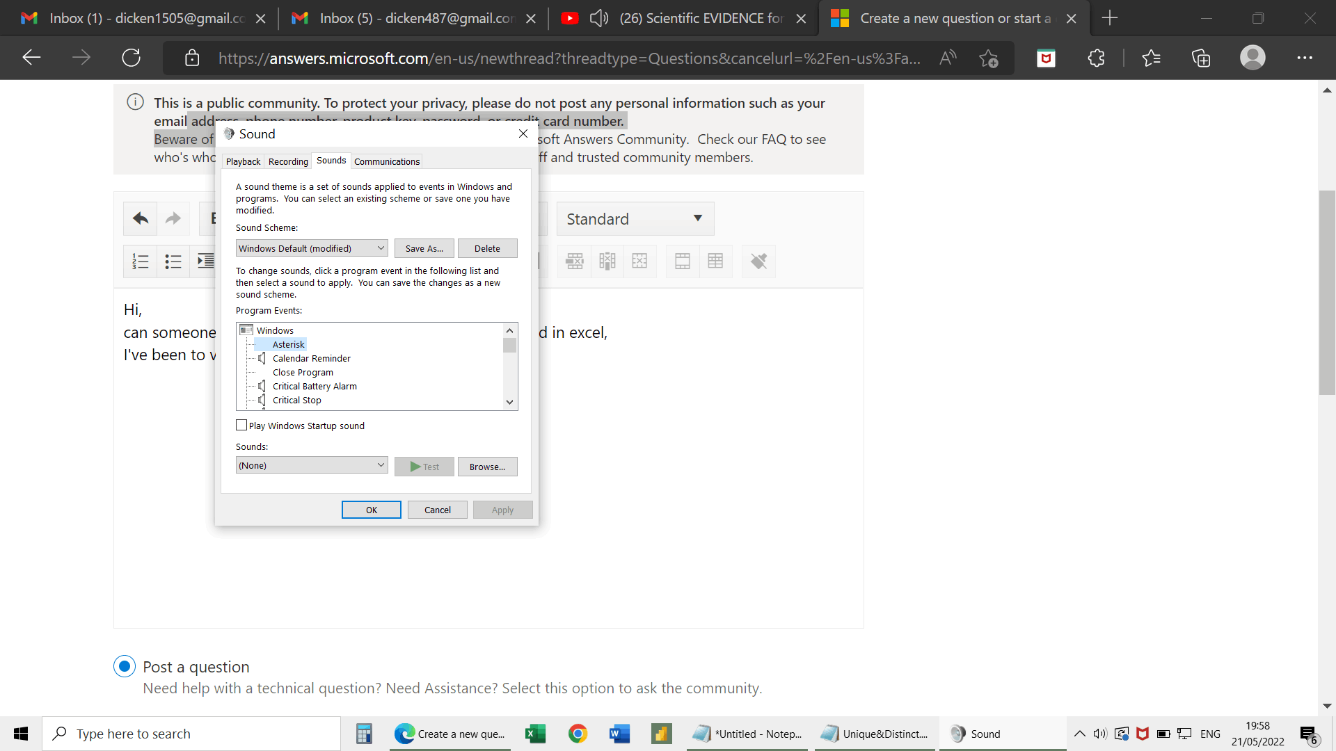 Turn off asterisk error sound in excel - Microsoft Q&A