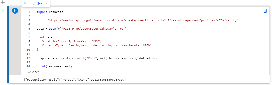 what is the correct way to send an audio to Azure speaker recognition ...