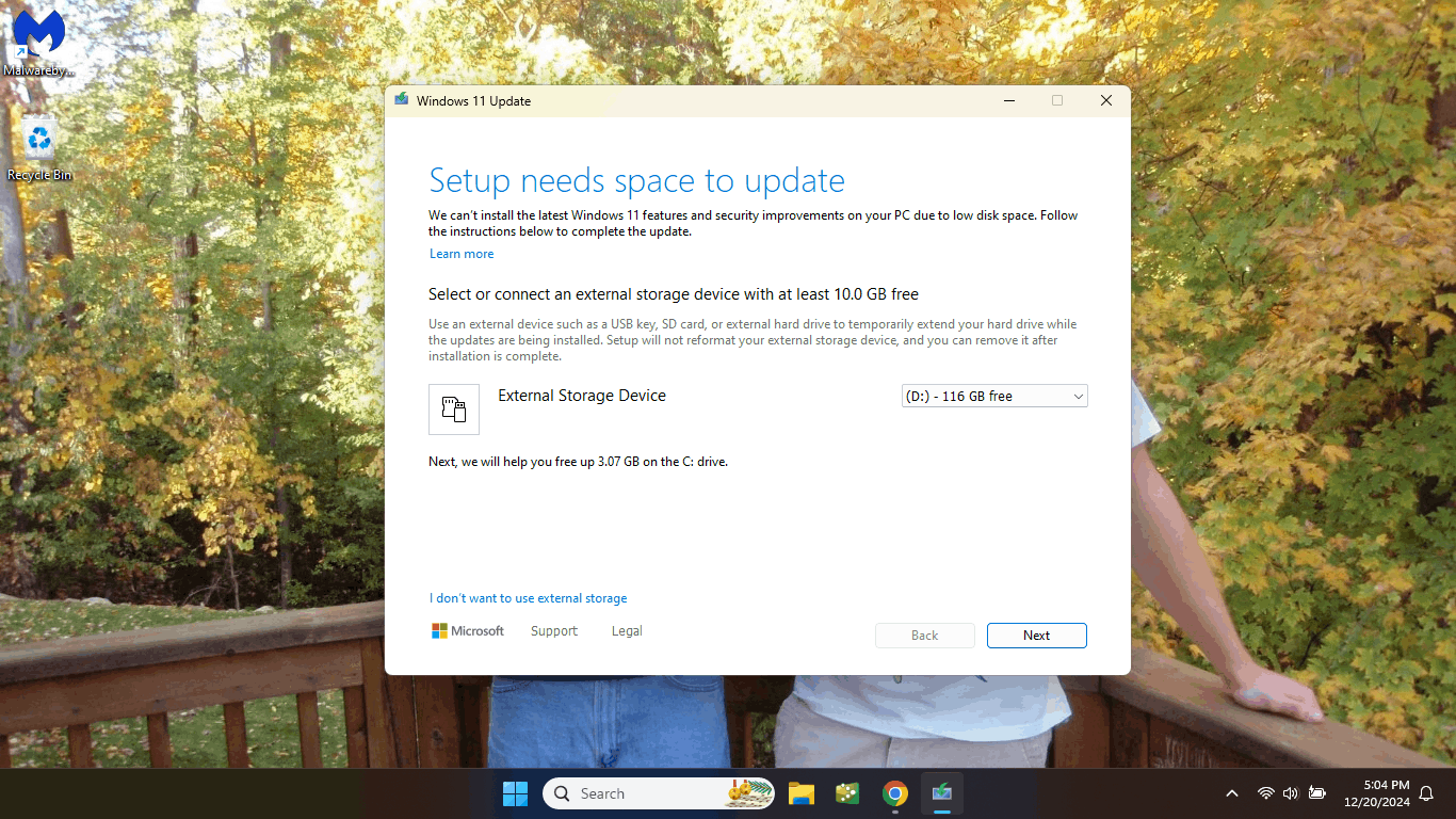 Cannot install windows update due to not enough space and won't let me ...