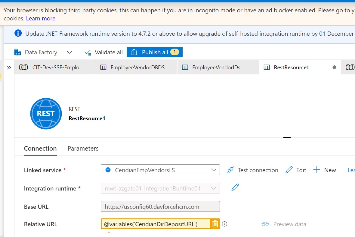 REST Source in ADF Copy Activity Not taking pipeline variables ...