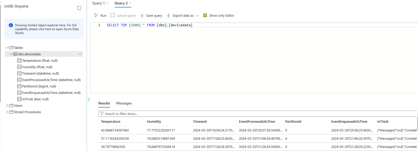 Im trying to send Data from my IoTHub Input to my Sql Database output, but tables stay empty ...
