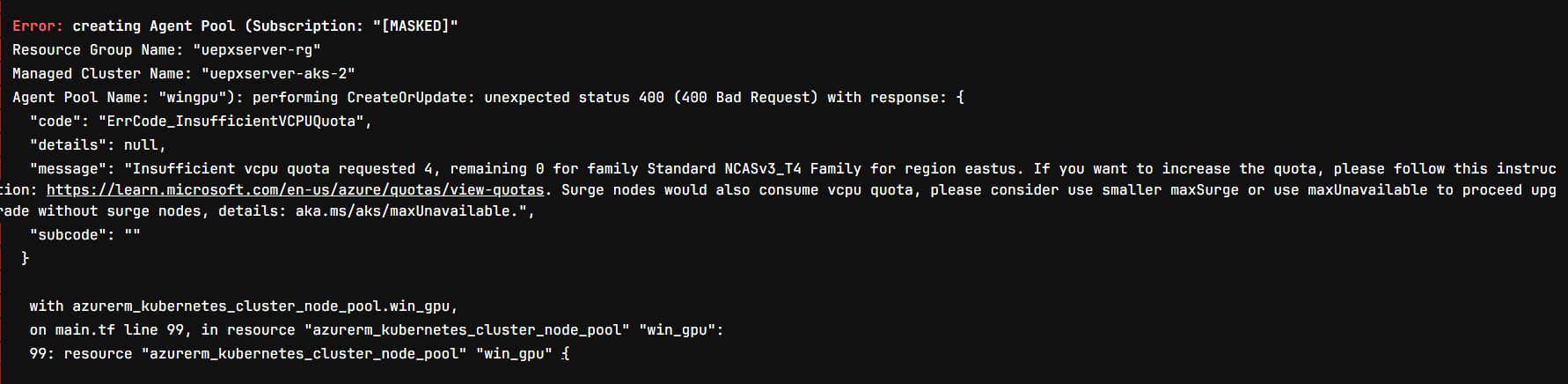 Creation of my AKS GPU node pool is failing with an ‘Insufficient vCPU ...