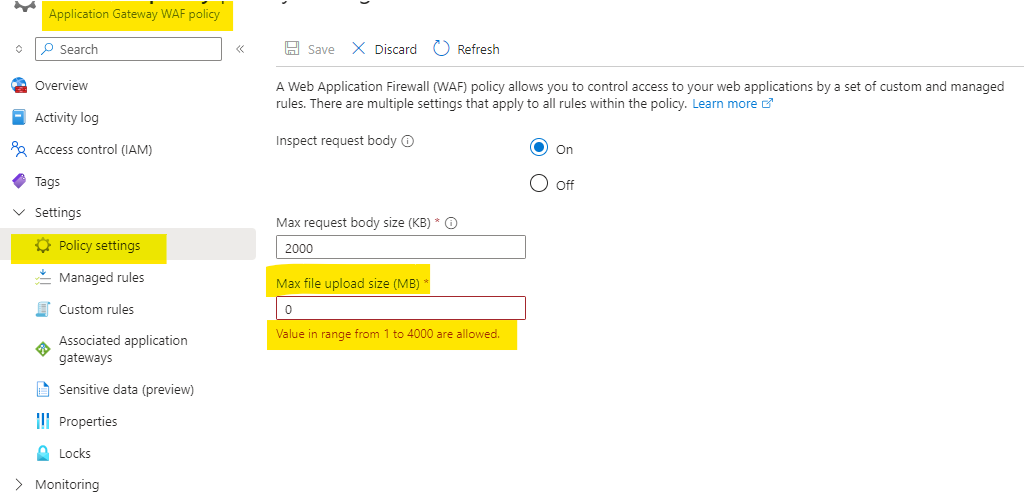 Azure WAF V2 restricting file upload above 750 MB - Microsoft Q&A