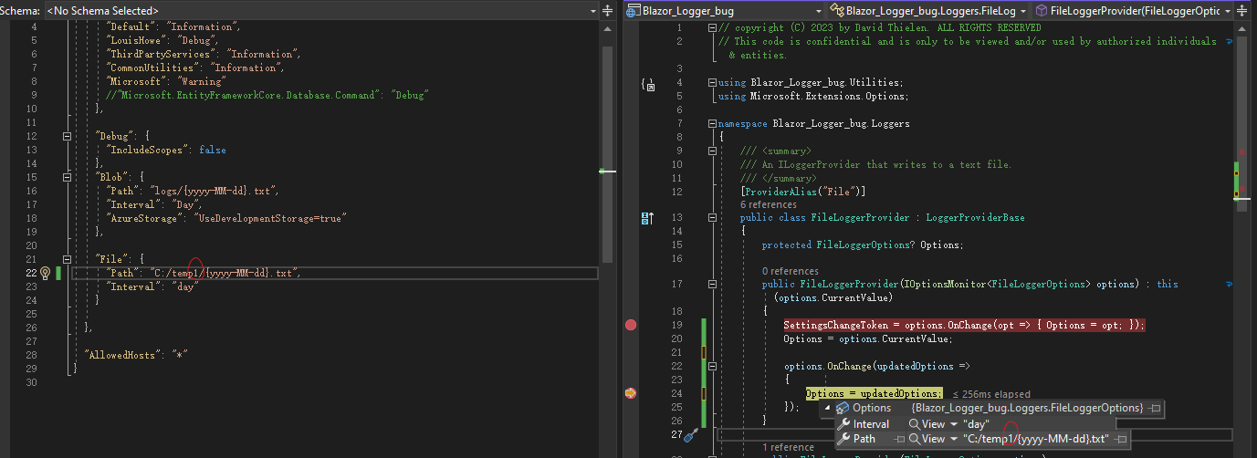 Trying to get appSettings.json settings in an ILogger provider ... Trying to get appSettings.json settings in an ILogger provider ...