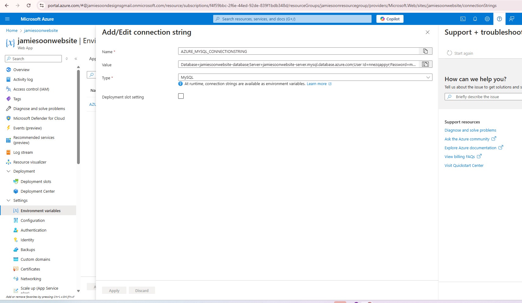 Where do I get the database name, username and password on my web app - Microsoft Q&A
