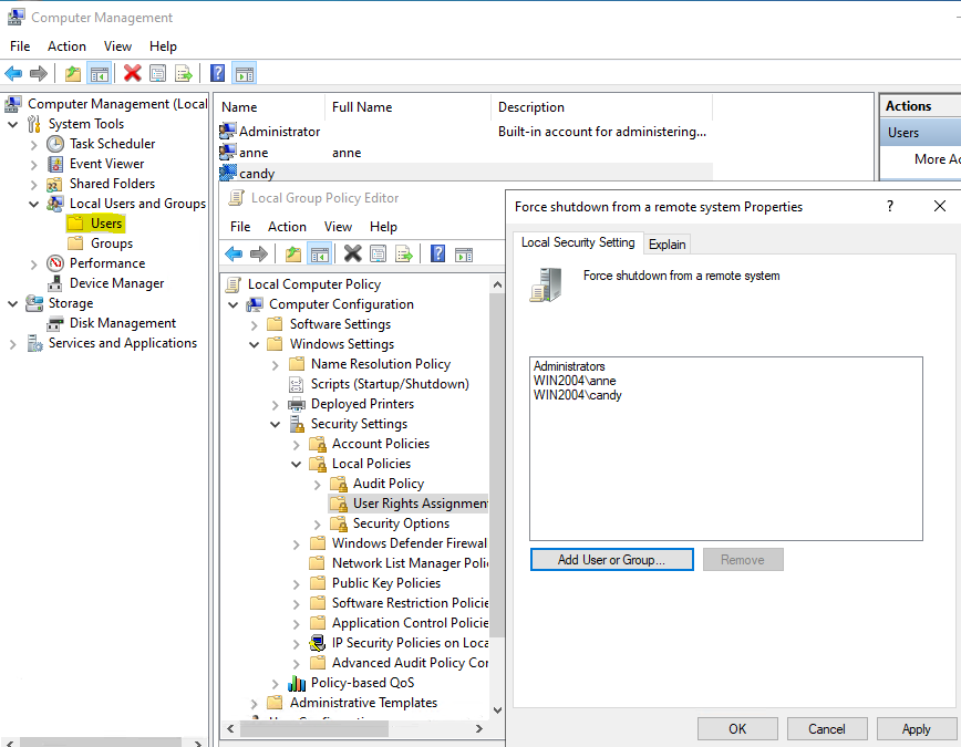 Help in adding a user account to local policy for Force shutdown from a ...