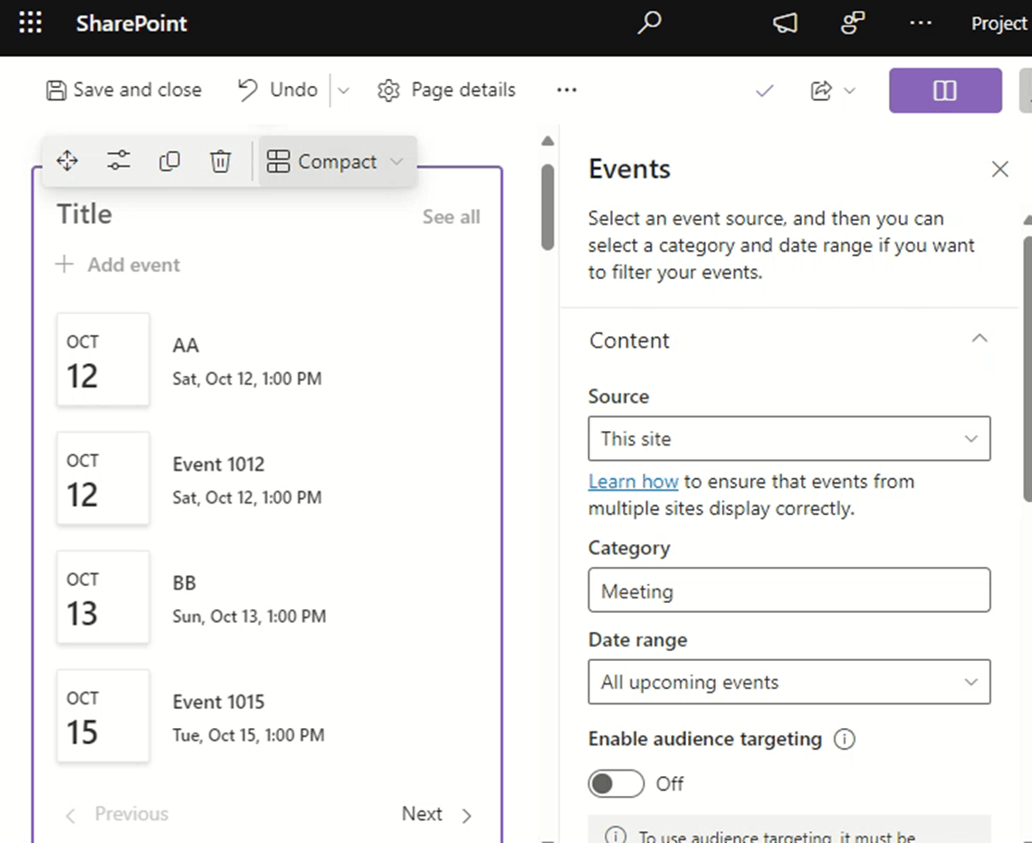 SharePoint Event Web Part only shows 2 upcoming events when filtered by ...