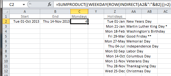 What Is The Formula In Ms Excel To Count The Number Of Mondays Between To Dates While Excluding