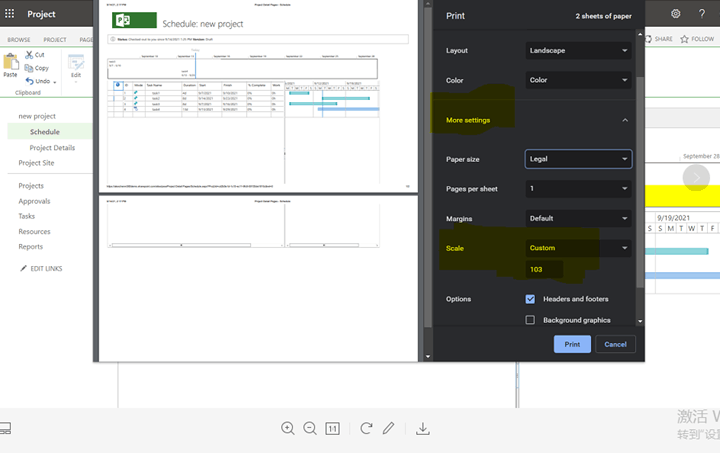 Printing and Scaling a timeline/schedule in MS Project ONLINE ...