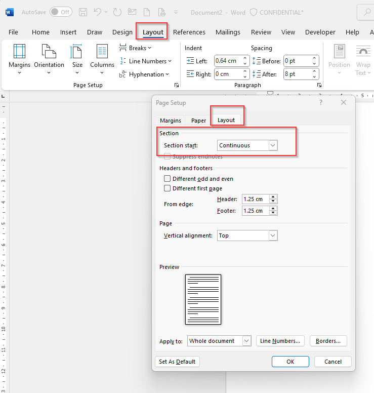 Layout ribbon > Page setup > Layout section - Microsoft Q&A