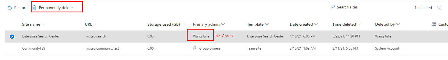 SharePoint Admin > Deleted Sites > "Permanently delete" is disabled ...