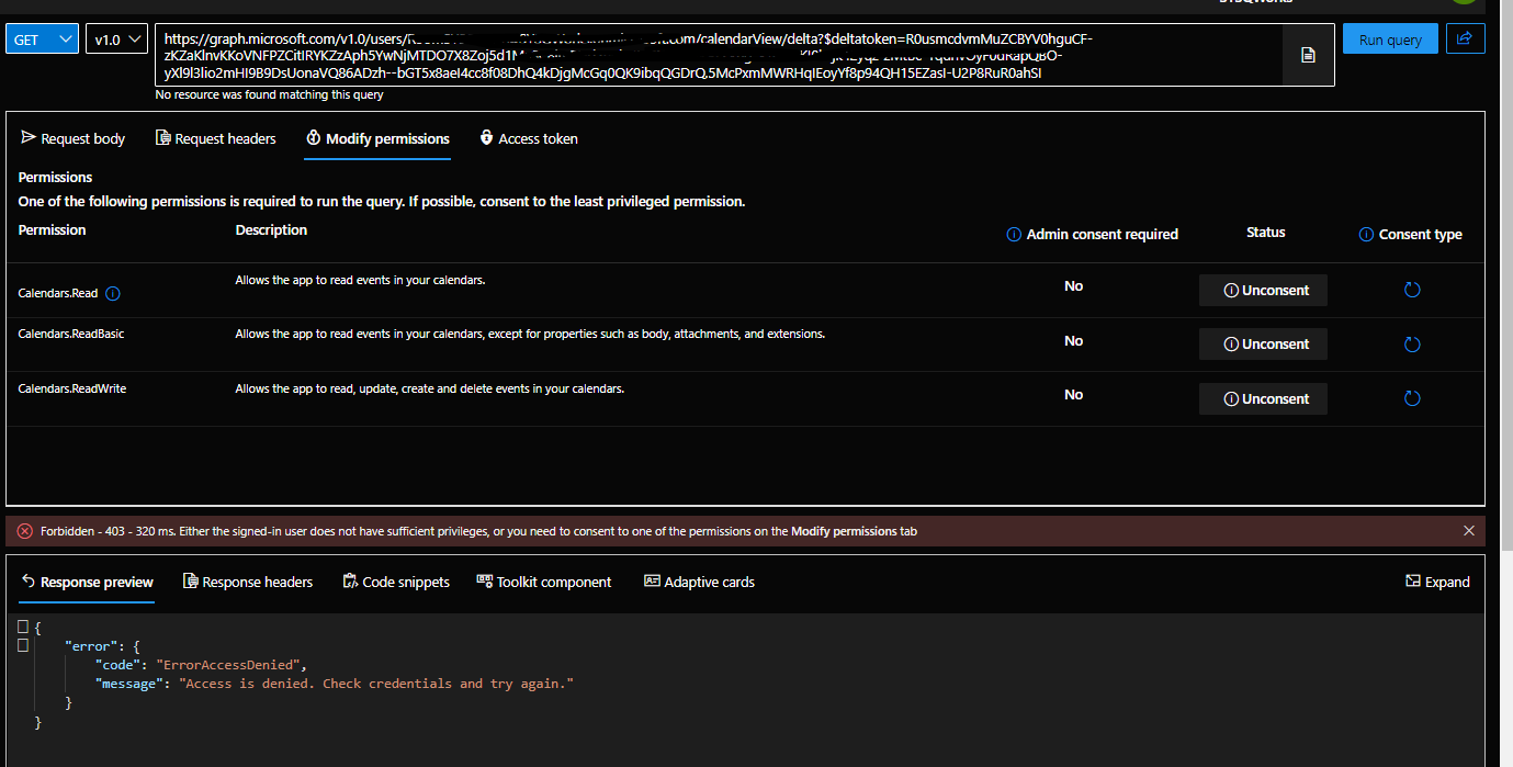 I'm able query event data of a resource account using calendarView ...