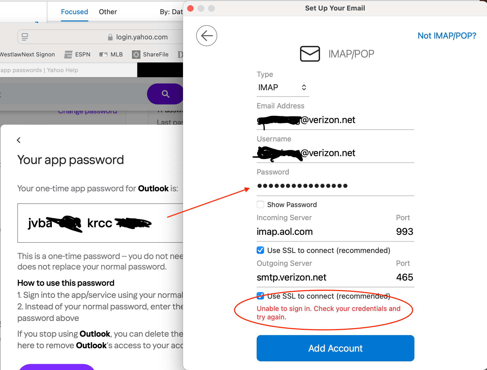 Verizon app password is not accepted by Outlook - Microsoft Q&A