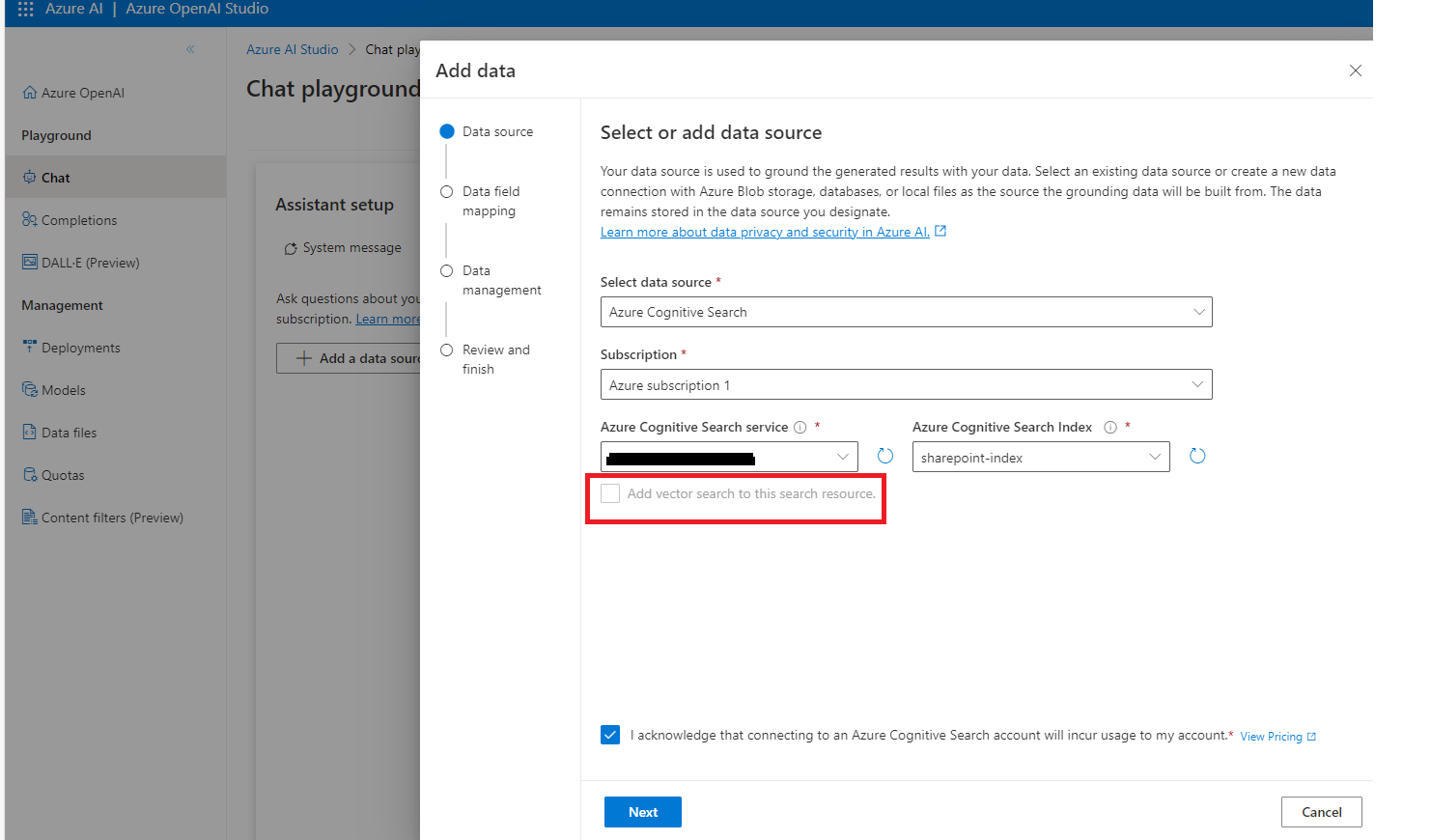 How can I enable vector search within Azure OpenAI Chat playground for Cognitive search ...