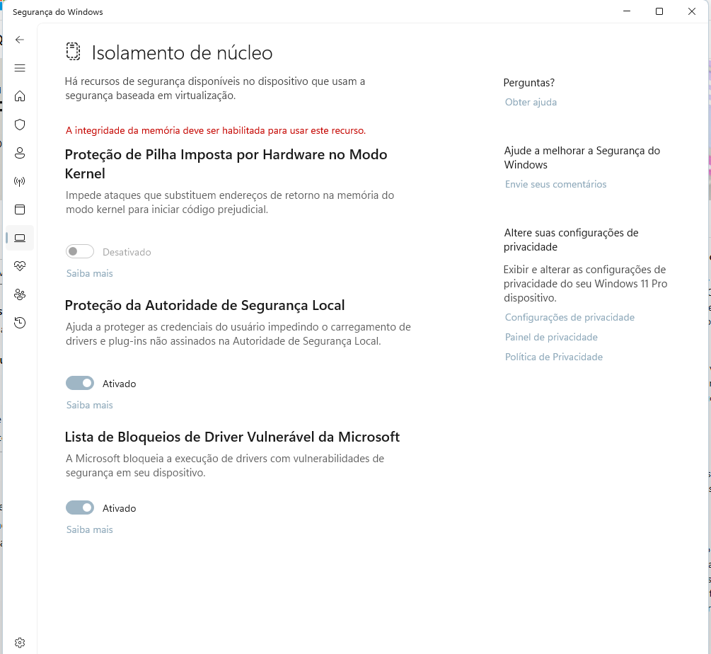 como ativar o HVCI (Hypervisor-protected Code Integrity) - Microsoft Q&A