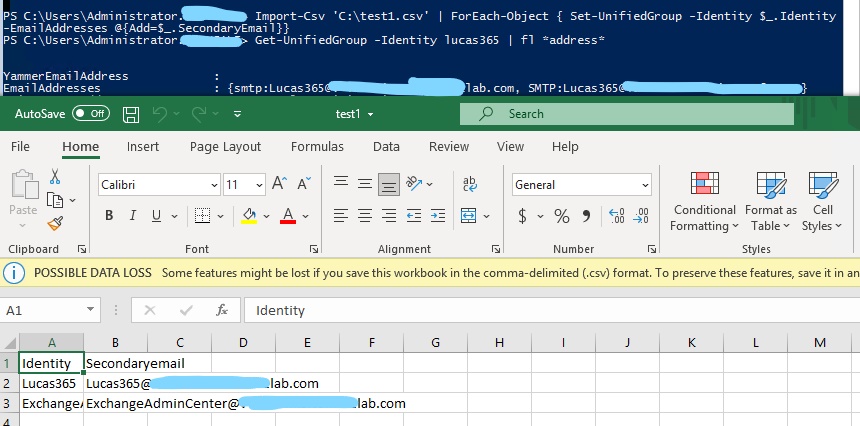 Adding an alias using Set-UnifiedGroup with groups in a csv file ...