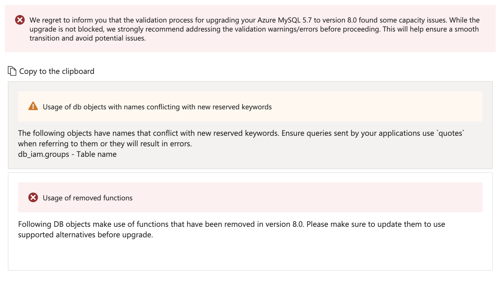 Major Version Upgrade To Mysql 80 From 57 Fails Validation Process With Error Usage Of