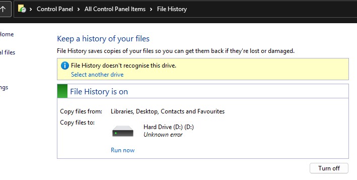 Cannot recover files as "File History doesn't recognise this drive ...
