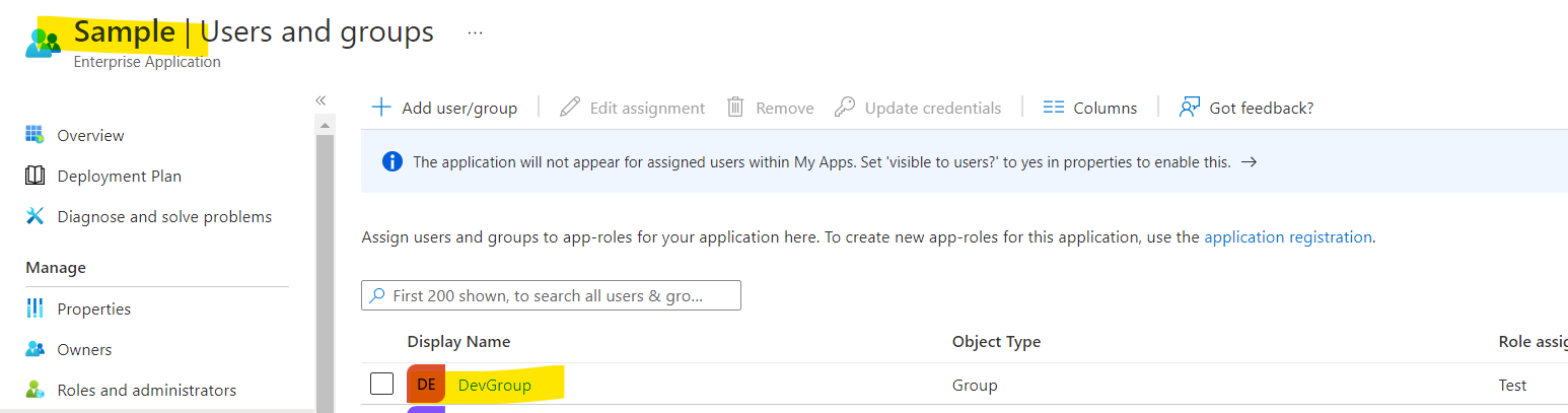 I added groups to application but they are not displayed in enterprise ...