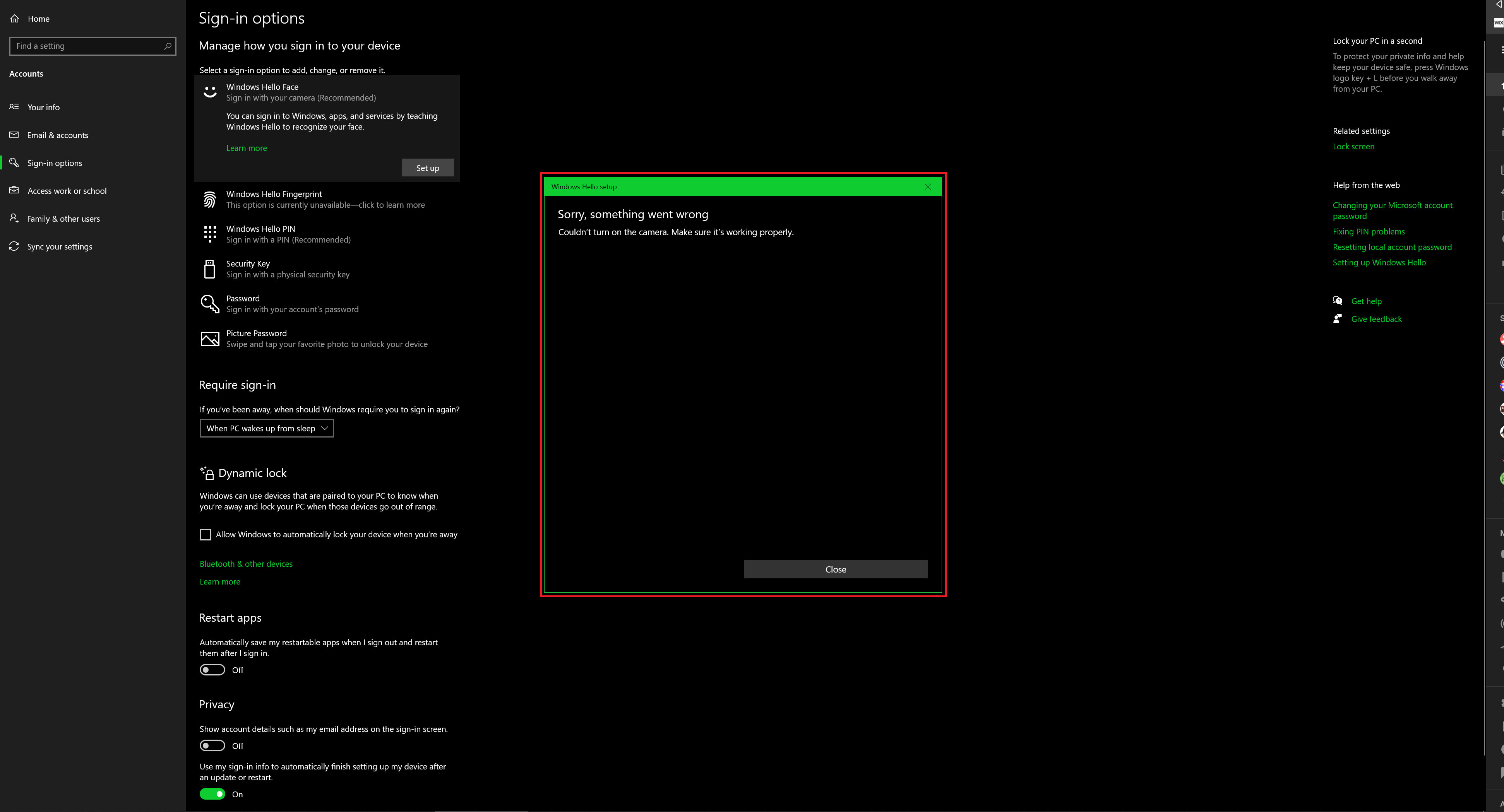 I cannot set up Windows 10 Hello Facial Recognition - Microsoft Q&A