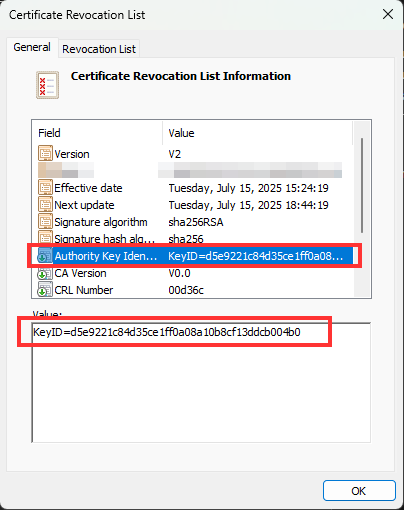 Microsoft CA CRL not showing showing Current CA Certificate AKI ...