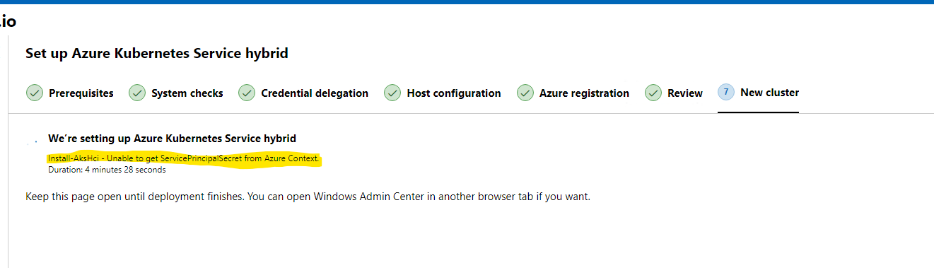 AKS on Azure Stack HCI fails with "Unable to get ServicePrincipalSecret from Azure Context ...