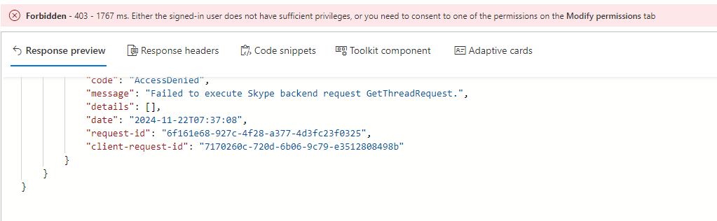 Update a Teams channel properties using Graph api, error :- Failed to execute Skype backend ...