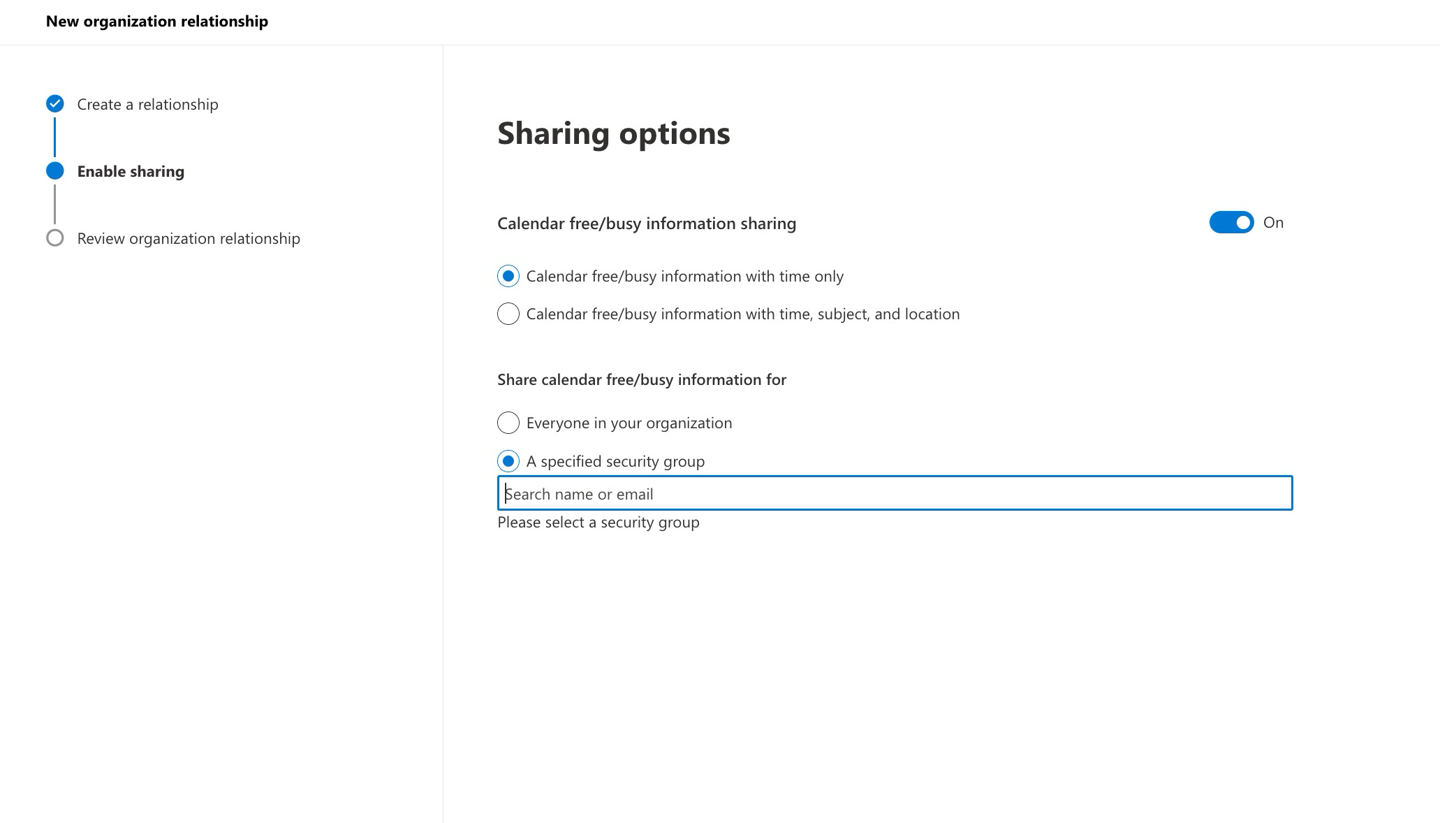 Why can’t I select a security group for calendar free/busy sharing in ...
