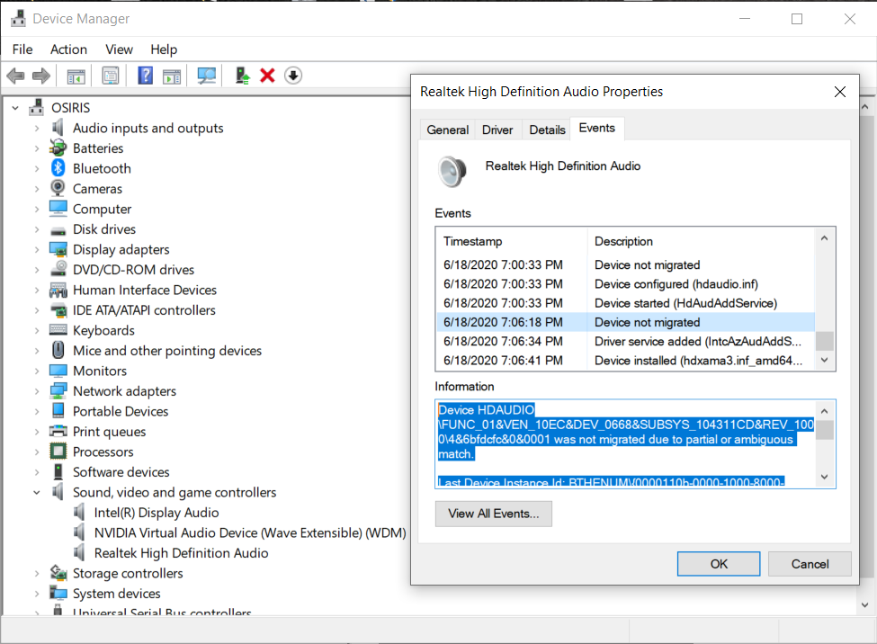 Realtek High Definition Audio "Device not migrated." Any ideas ...