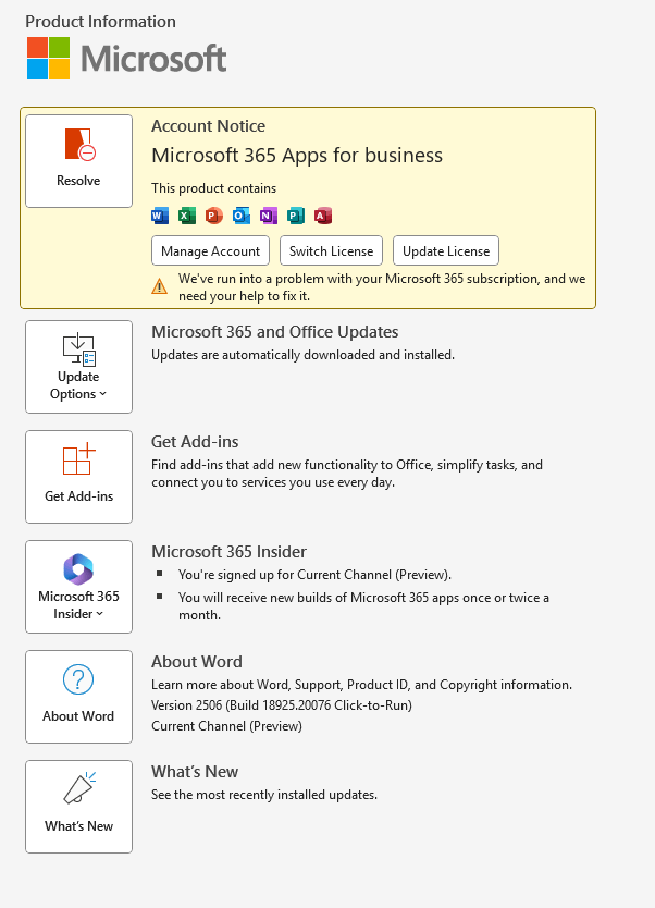I have a subscrption for M365 but whenever I open word or excel it keeps asking me to fix it and ...