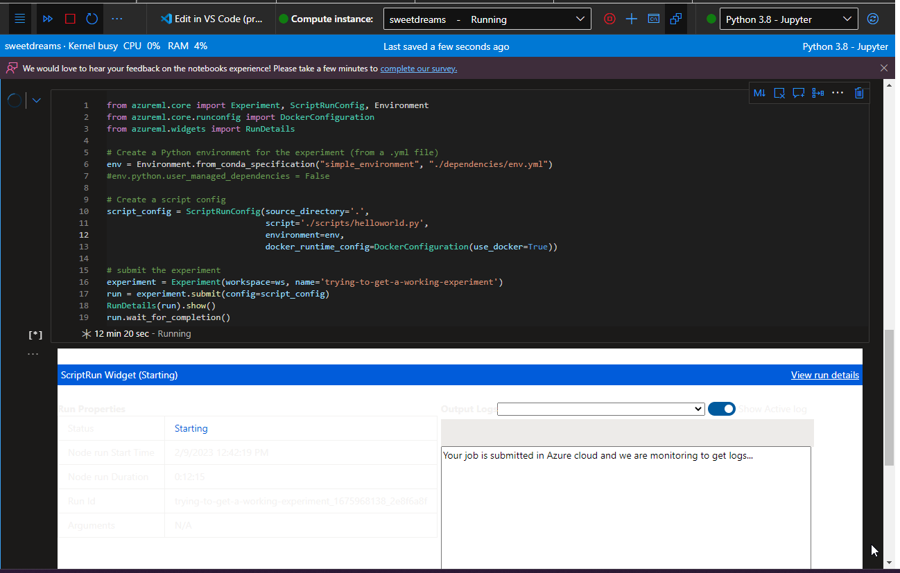 Azure Machine Learning Job stuck on 'starting' when creating an ...