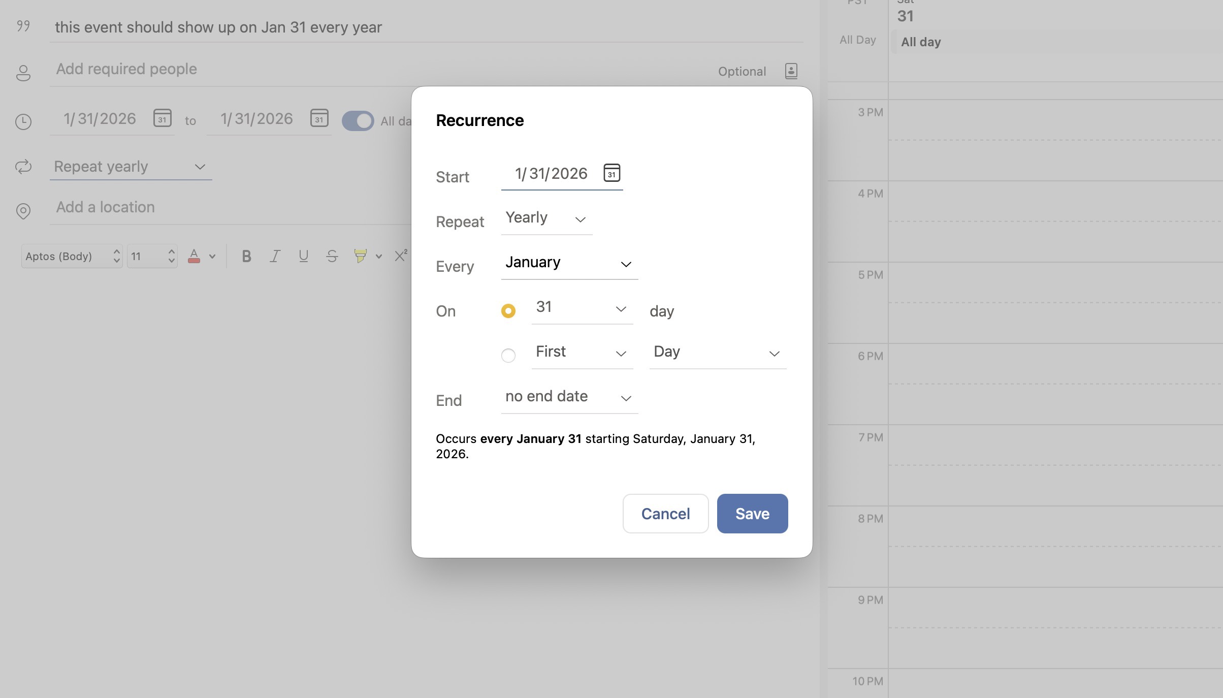 Why do scheduled events that repeat annually show up one month late on ...